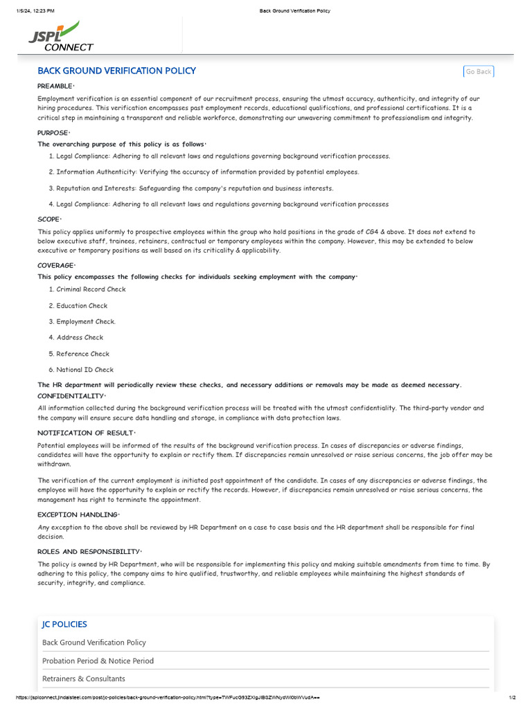 Back Ground Verification Policy | PDF | Verification And Validation ...