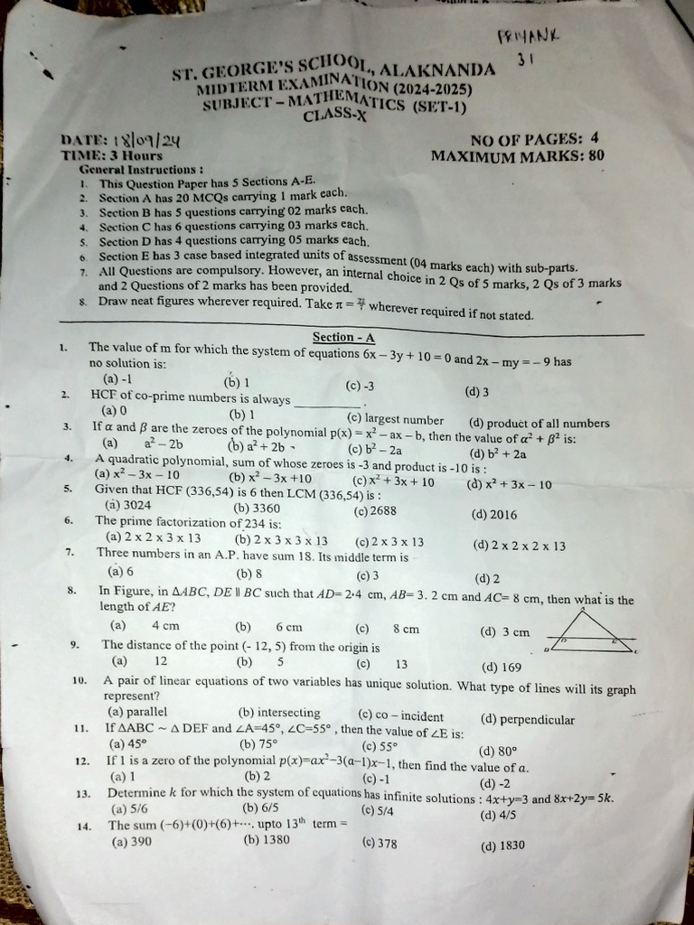 Maths Midterm paper class 10 | PDF