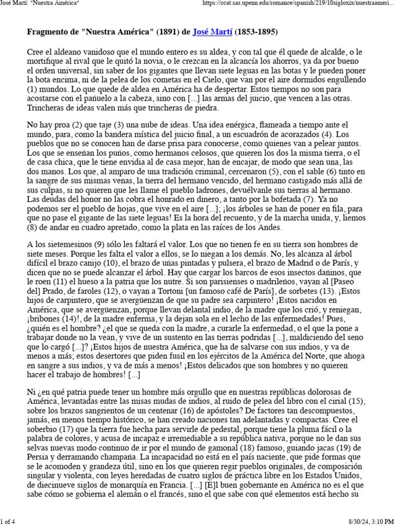 "Resumen de Nuestra América de José Martí" | PDF