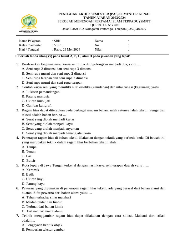 Pas SBK KLS 7 2023 - 2024 Genap | PDF