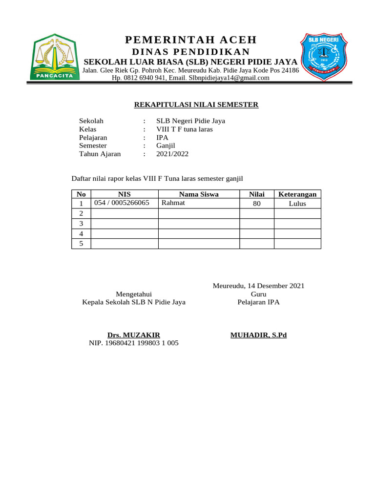 Daftar Nilai SLB | PDF