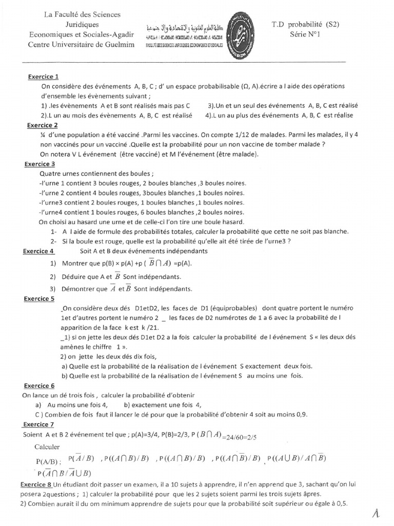 TD 1 probabilité S2 2019-2020 | PDF