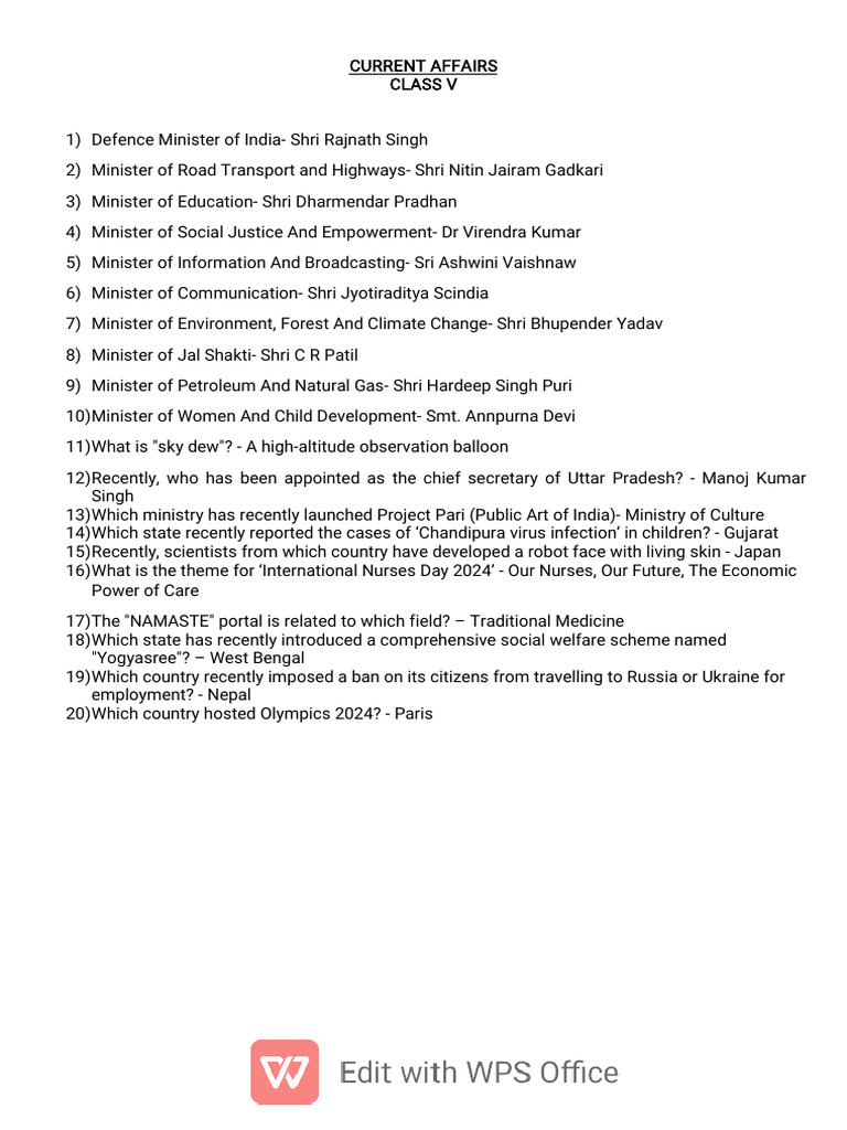 Current Affairs Class V | PDF