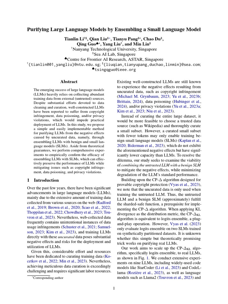 Purifying Large Language Models by Ensembling A Small Language Model | PDF