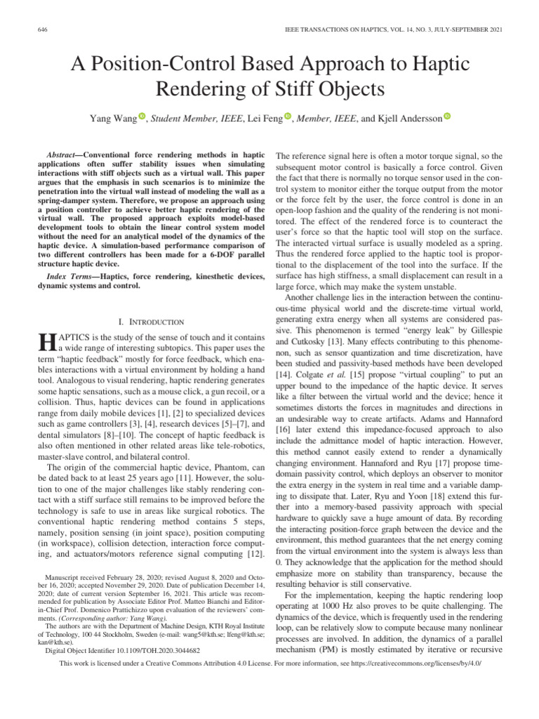 A Position-Control Based Approach To Haptic Rendering of Stiff Objects | PDF