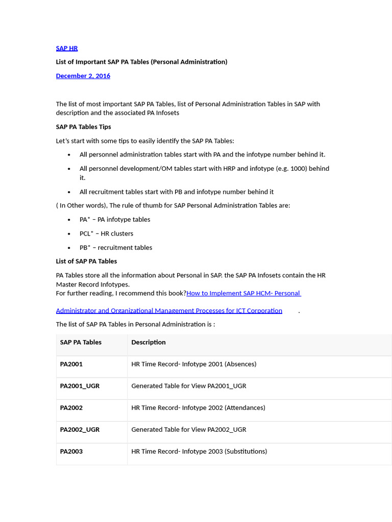 List of Important SAP PA Tables (Personal Administration) | PDF