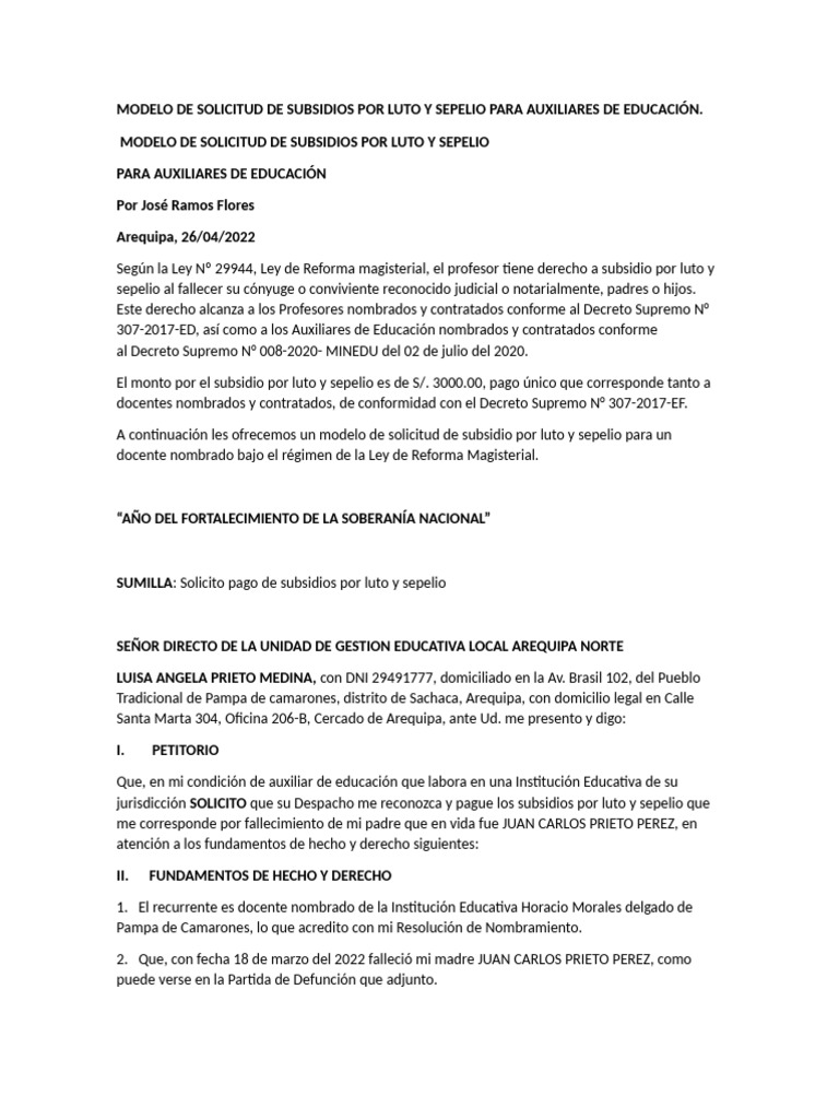 Modelo de Solicitud de Subsidios Por Luto y Sepelio para Auxiliares de ...