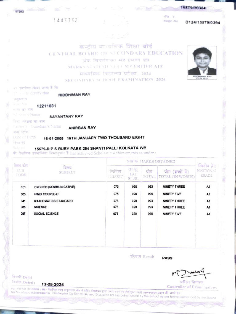 Riddhiman Class 10 Marksheet | PDF