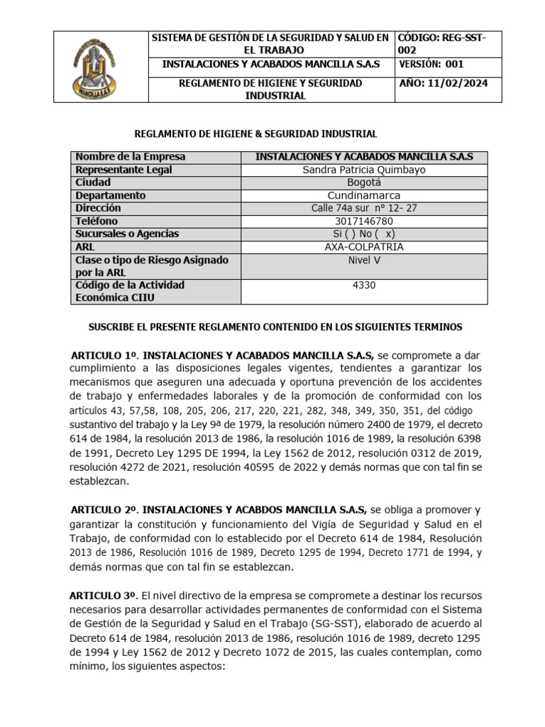 REG-SS-002 Reglamento H&SI | PDF