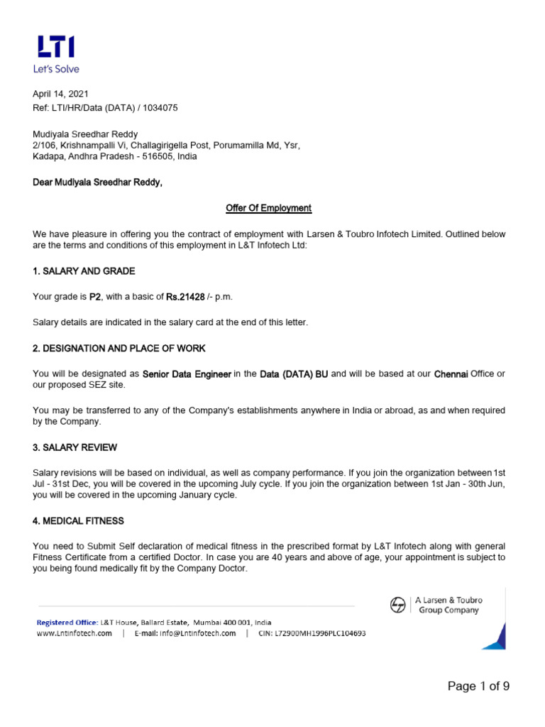 LTI Offer Letter - Mudiyala Sreedhar Reddy | PDF
