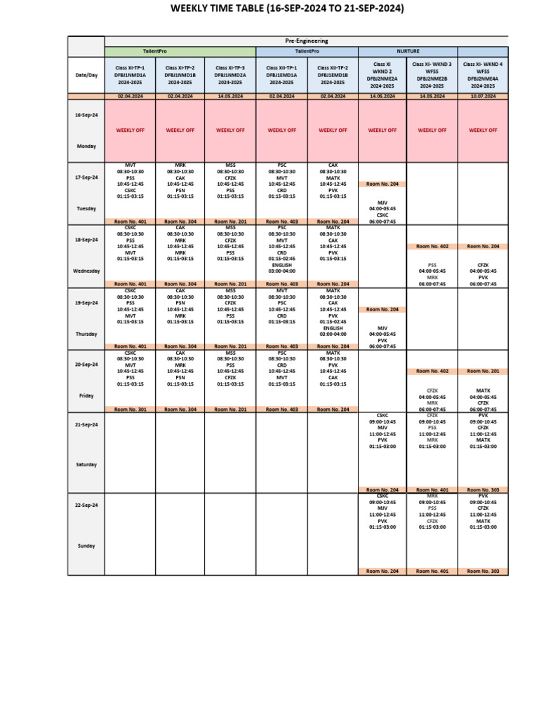 Iit-Jee Time Table 16 Sep - 22 Sep | PDF