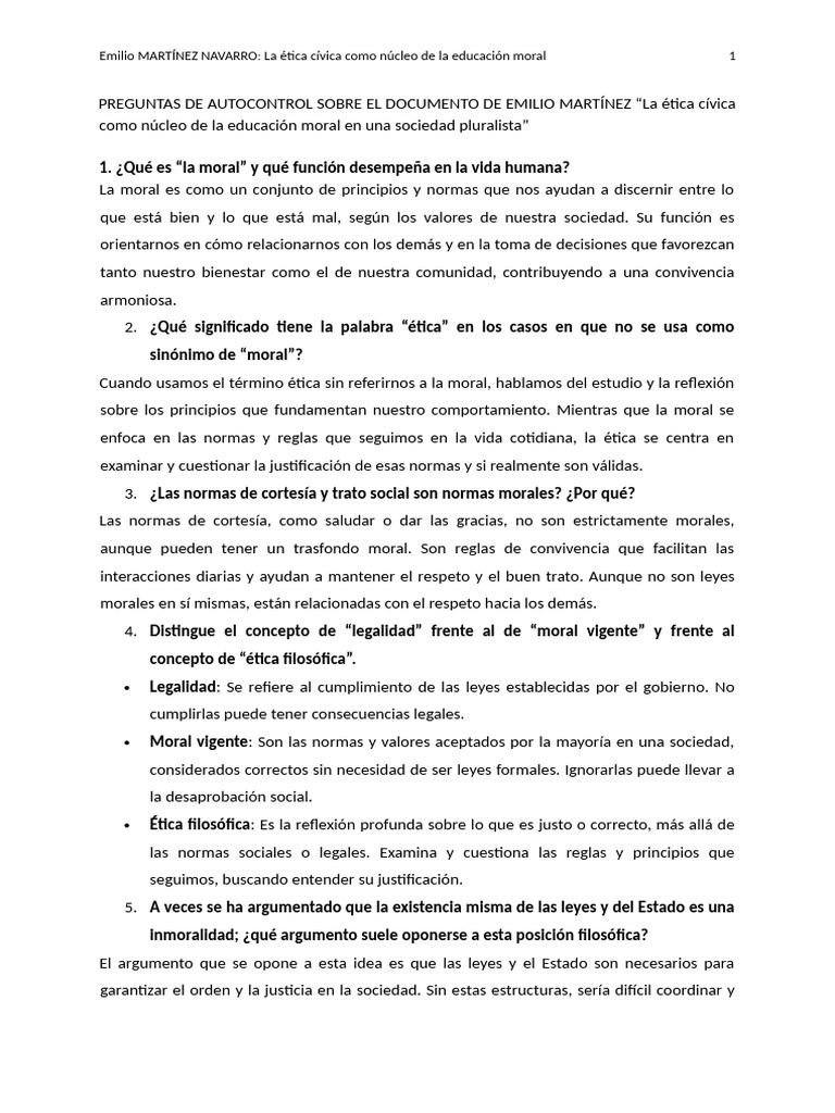 Preguntas de Autocontrol Sobre El Documento de Emilio Martínez | PDF | Moralidad | Política