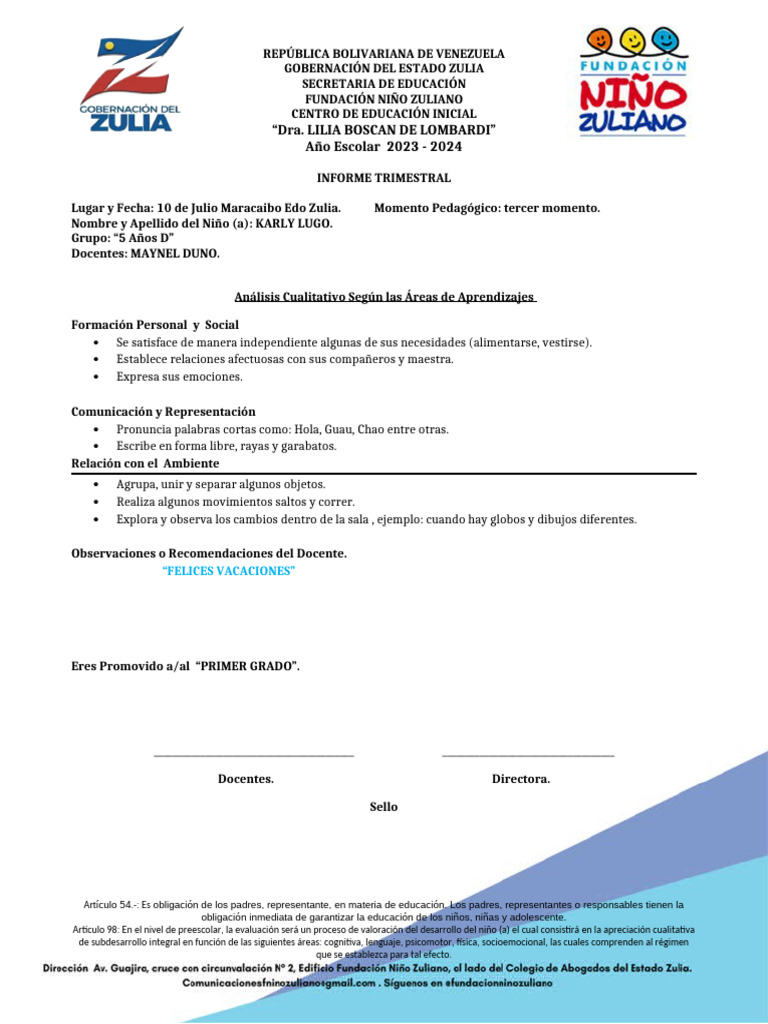 Modelo de Boletin 3 Areas Maynel Karly Lugo | PDF