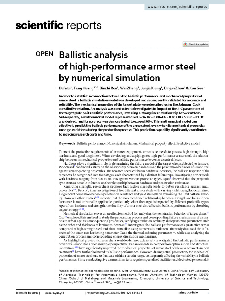 Ballistic Analysis of High-Performance Armor Steel by Numerical ...
