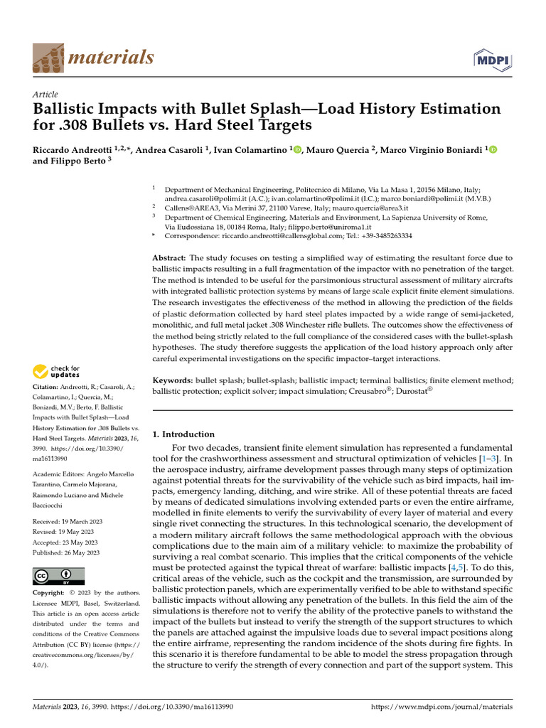Ballistic Impacts With Bullet Splash-Load History Estimation For .308 ...