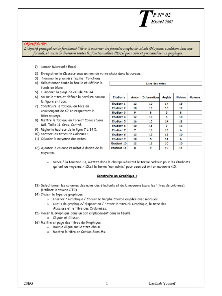 TP N°7 - Tableur (MS Excel) | PDF