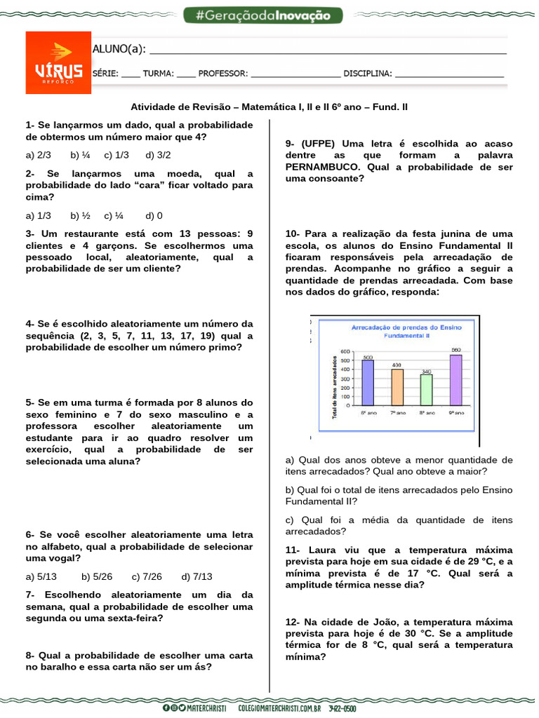 Revisão Matemática 6º Ano - PG 3T 2023 | PDF