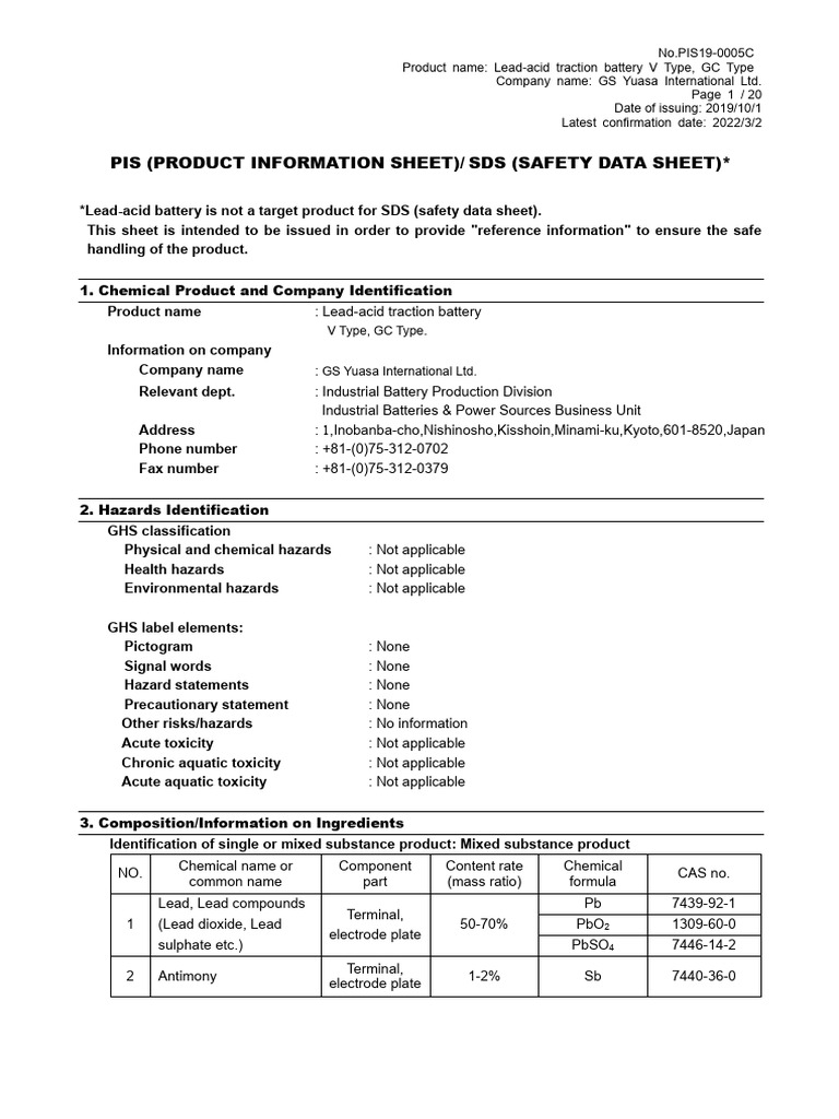 Pis (Product Information Sheet) / Sds (Safety Data Sheet) : 1. Chemical ...