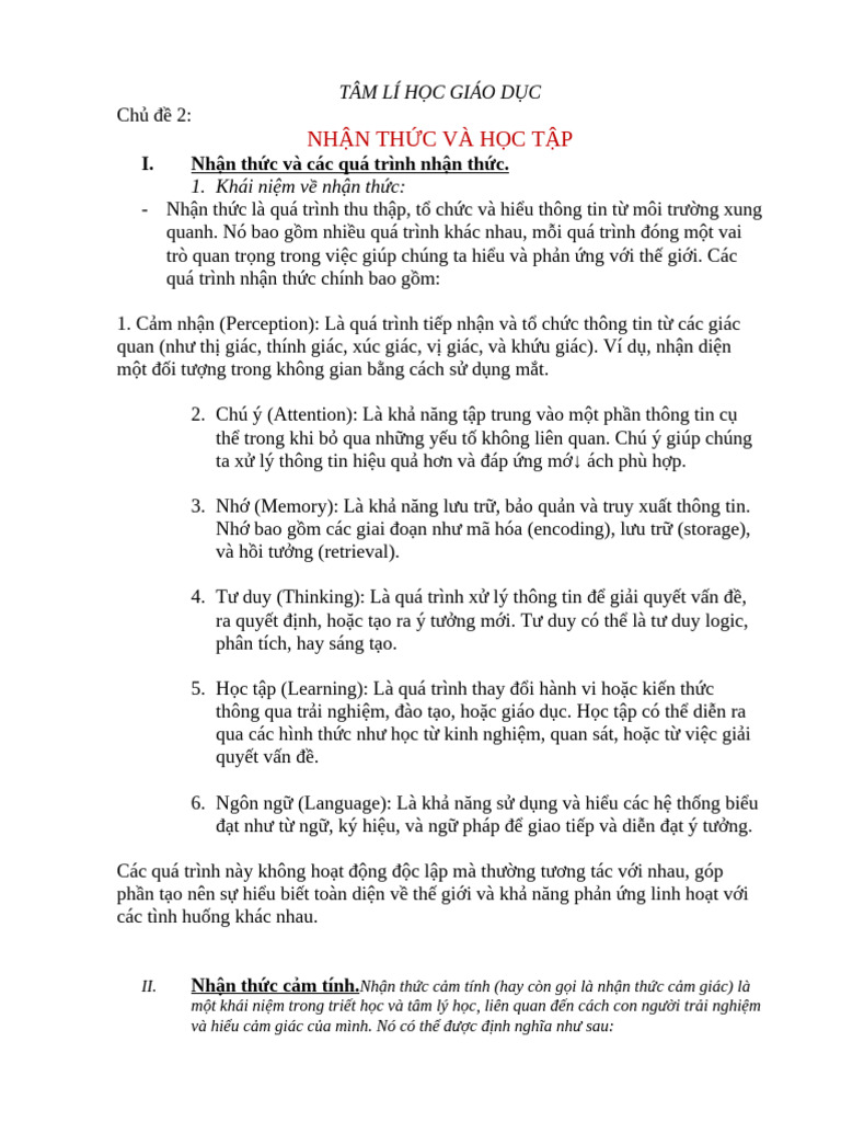 nhóm 7 bản thảo Nhận thức và Học tập tlhgd cô Nguyệt | PDF