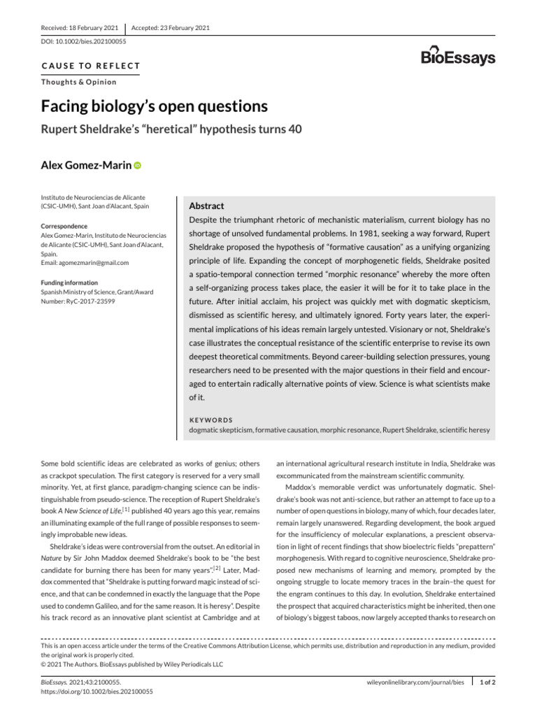 BioEssays - 2021 - Gomez Marin - Facing Biology S Open Questions | PDF ...