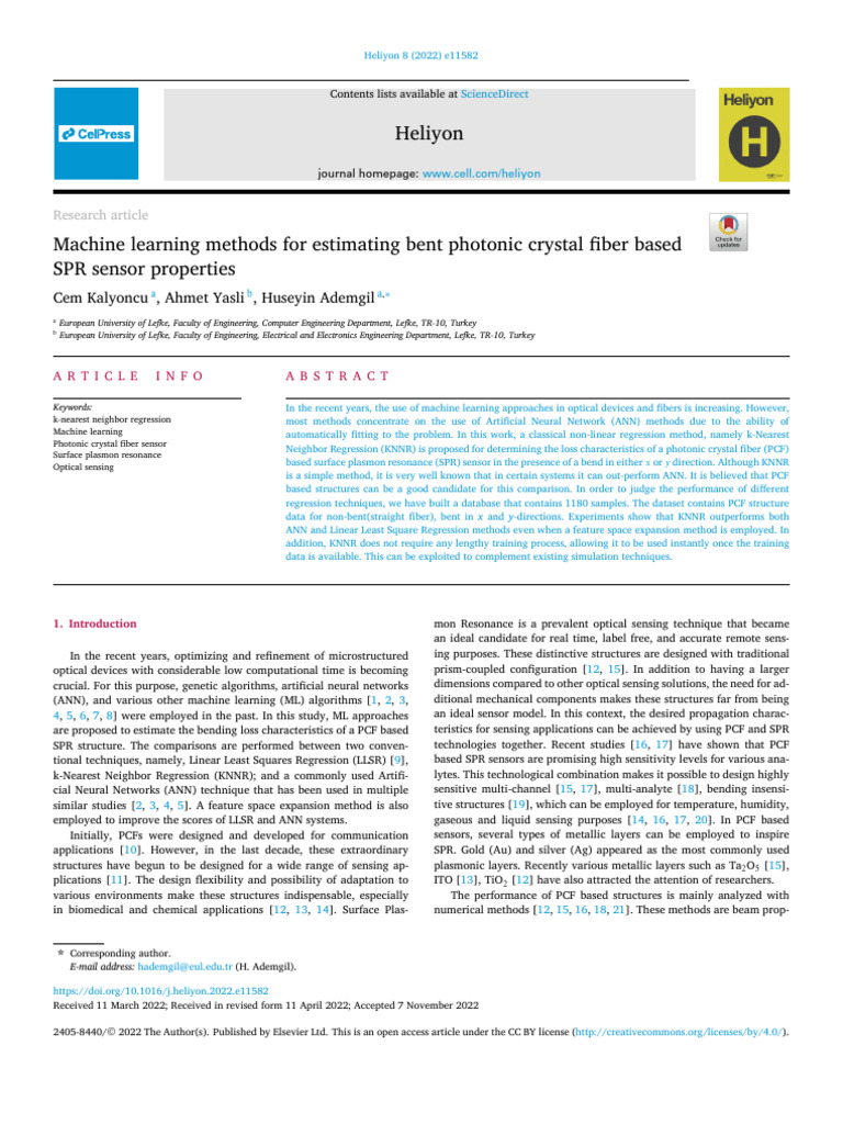 Machine Learning Methods For Estimating Bent Photonic Crystal Fiber | PDF