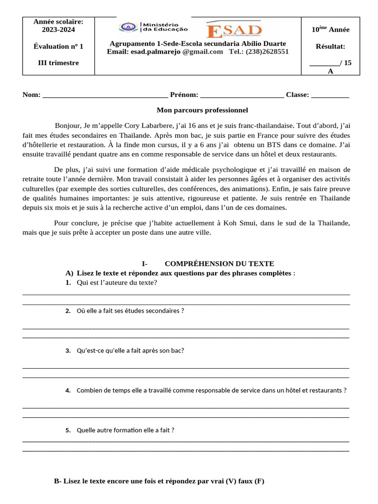 TEST Numero 1 10ème Année | PDF