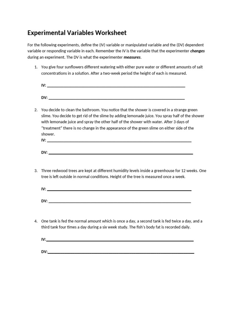 Experimental Variables Worksheet (1) | PDF