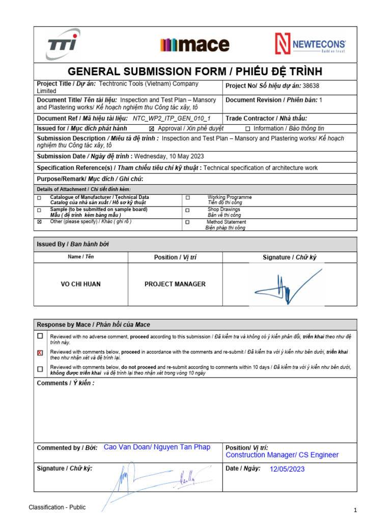 NTC WP2 ITP GEN 010 1-ITP Mansory and Plastering Works-Status B | PDF
