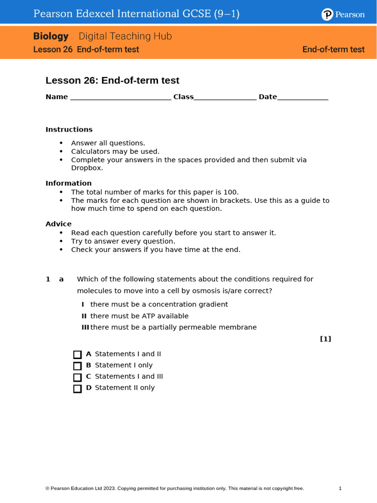 IG - Biology - MODEL QUESTION End-Of-Term Test | PDF
