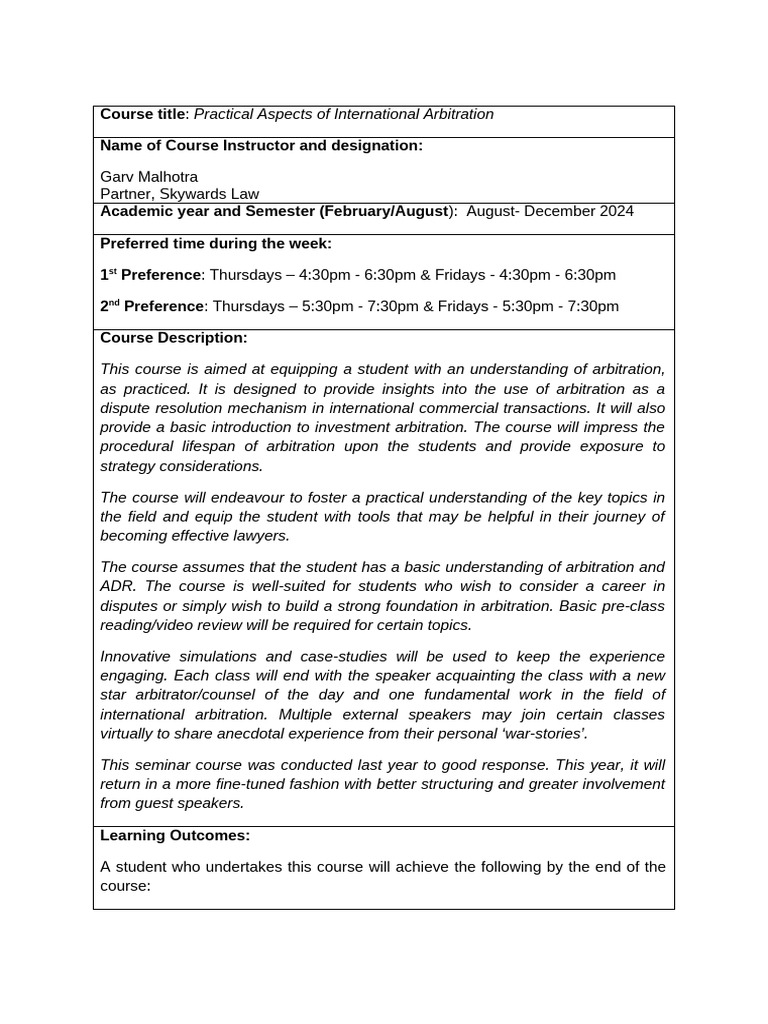 Seminar Course Outline - International Arb V9 | PDF