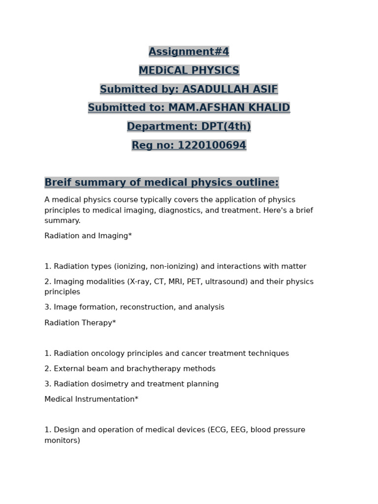 Medical Physics Assignment 4 (Asadullah) | PDF | Medical Physics | Science & Mathematics