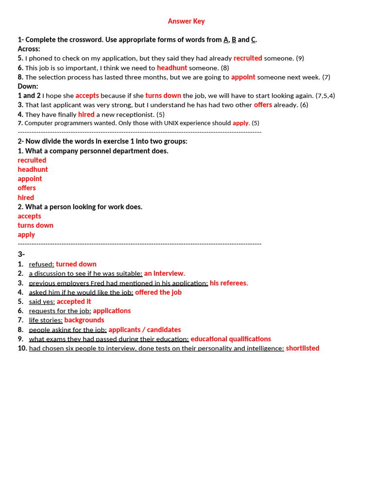 5-Recruitment and Selection Answer Key | PDF | Career & Growth ...