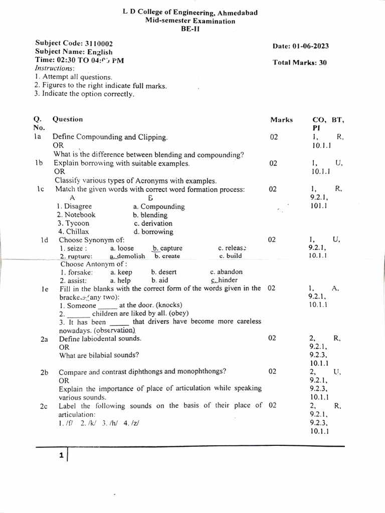 1 Year Mid Sem Papers | PDF