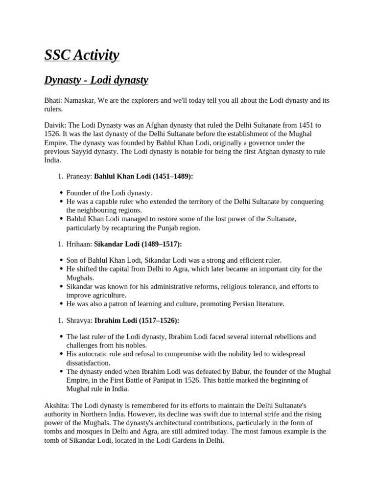 SSC Activity: Dynasty - Lodi Dynasty | PDF