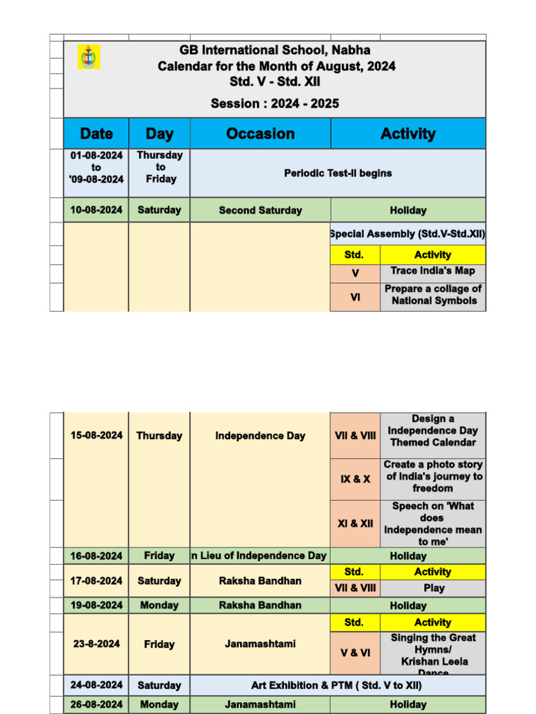 August Calendar | PDF | Observances