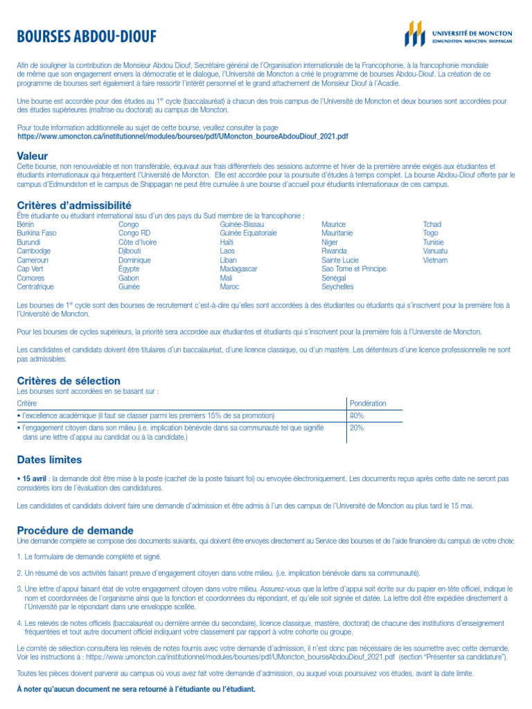Formulaire Bourses Abdou-Diouf-2021-version Finale-2022-23 | PDF