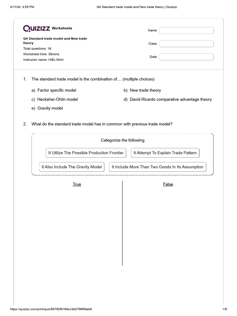 Q4 Standard Trade Model and New Trade Theory - Quizizz | PDF