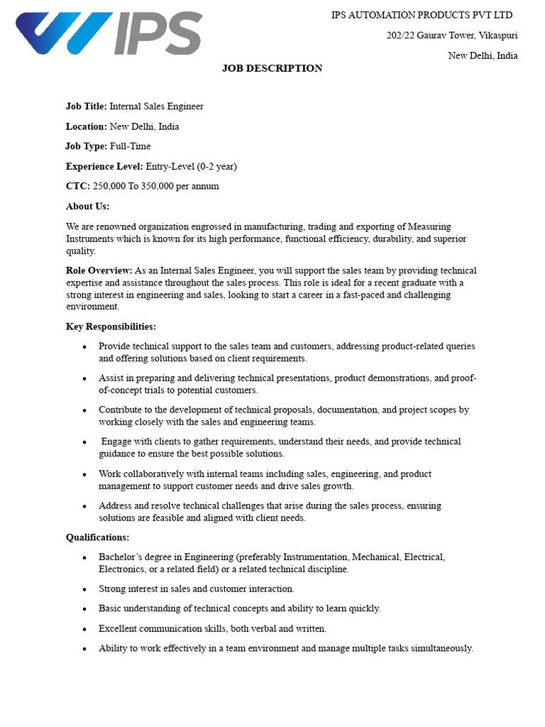 Job Description-Internal Sales Engineer | PDF