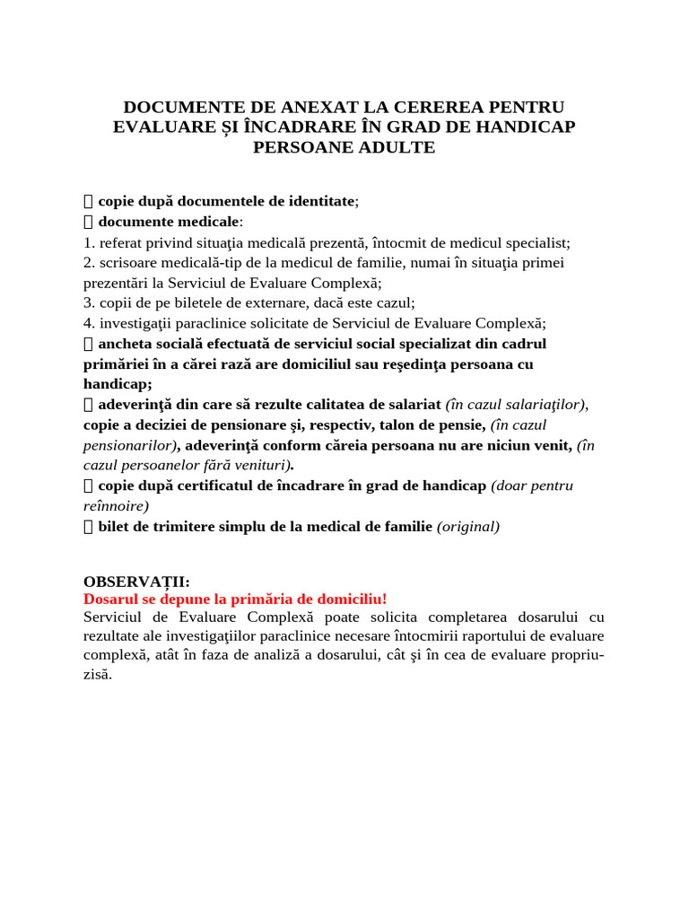 Documente de Anexat La Cererea Pentru Evaluare Și Încadrare În Grad de Handicap Persoane Adulte ...