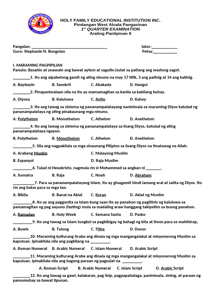 Grade 5 First Quarter Exam | PDF