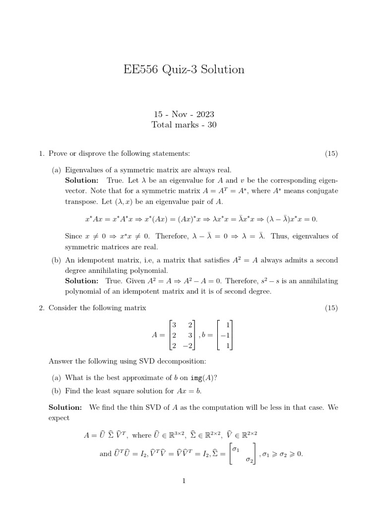 EE556 Quiz 03 Solution | PDF