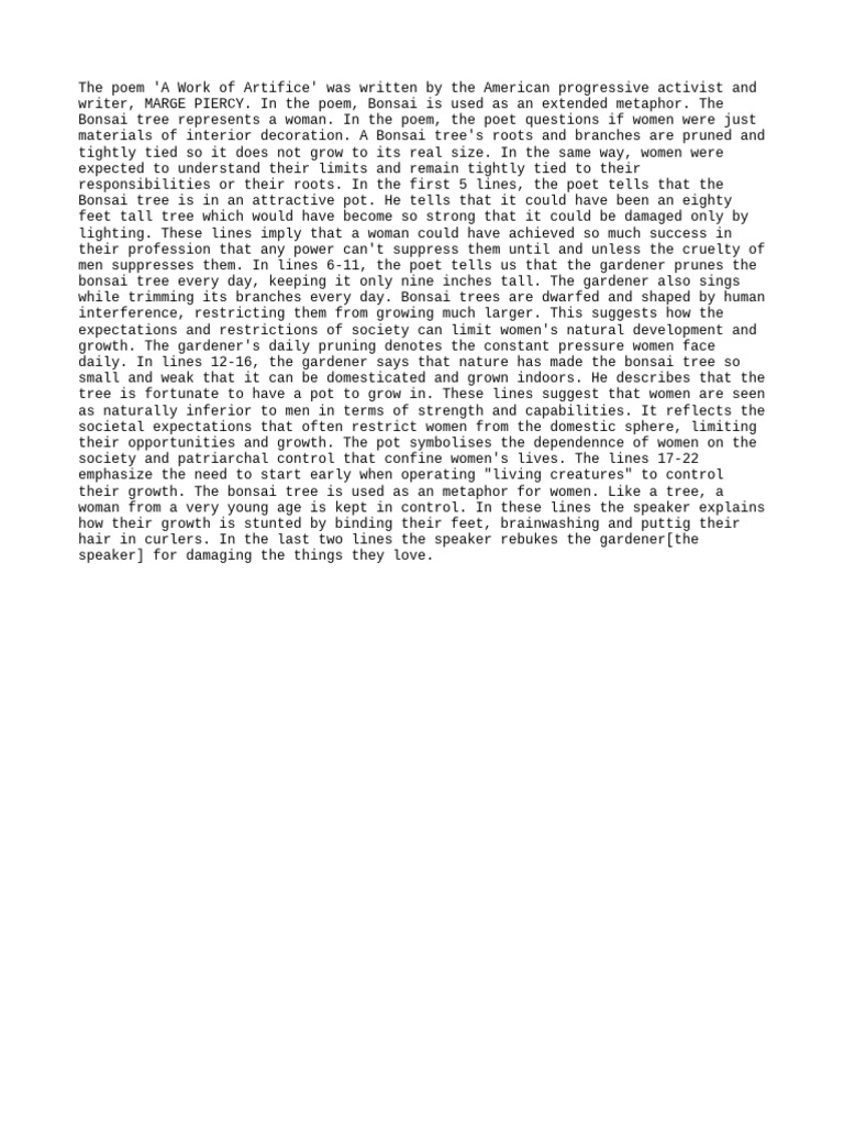 The Poem 'A Work of Artifice' MEANING | PDF