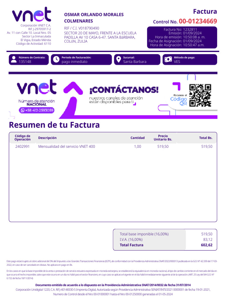 Factura Vnet Agosto | PDF