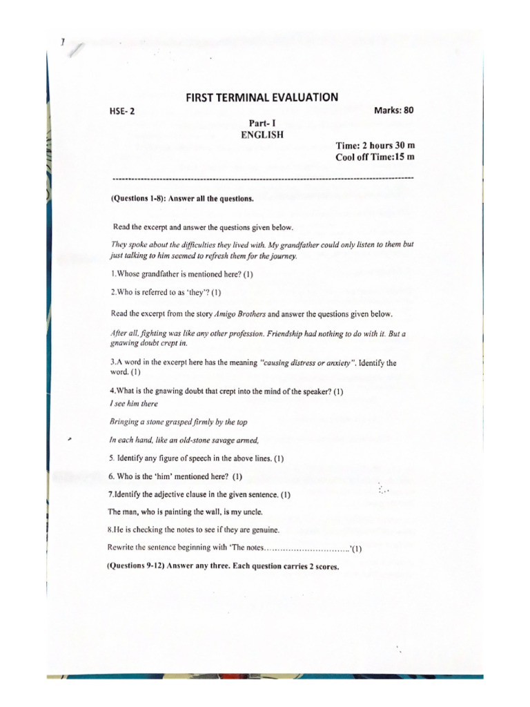 Hsslive Xii Term 1 English QP Aug 2023 | PDF