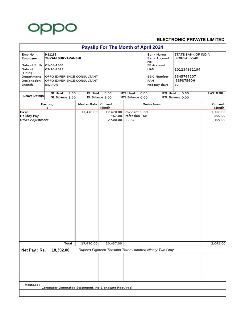 Payslip April 2024 | PDF | Finance & Money Management