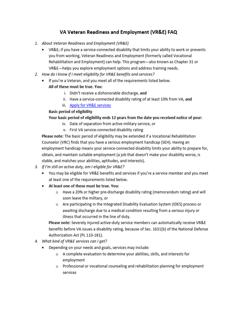 VA Veteran Readiness & Employment FAQ | PDF | Military Discharge ...