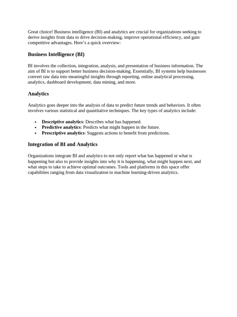 Business Intelligence (BI) : Descriptive Analytics Predictive Analytics ...
