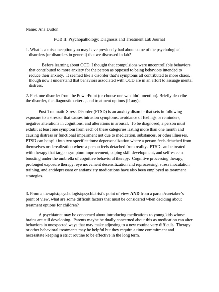 Principles of Behavior II (PSYC 202) Psychopathology Journal | PDF