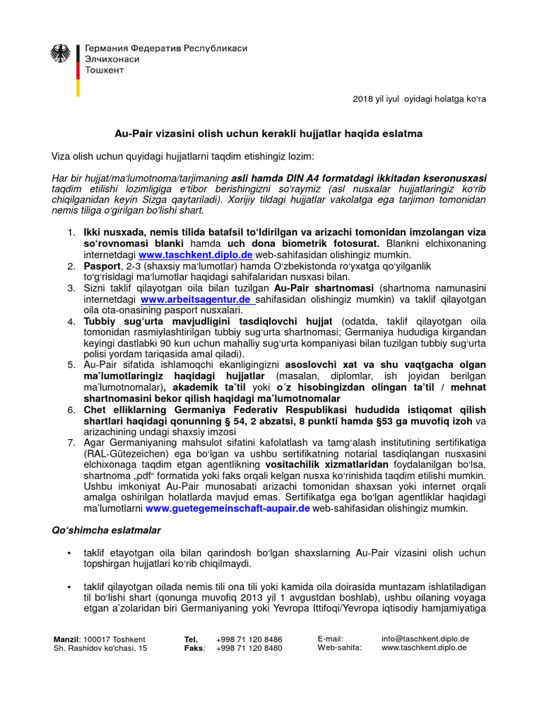 Nationales Visum Au Pair Data | PDF