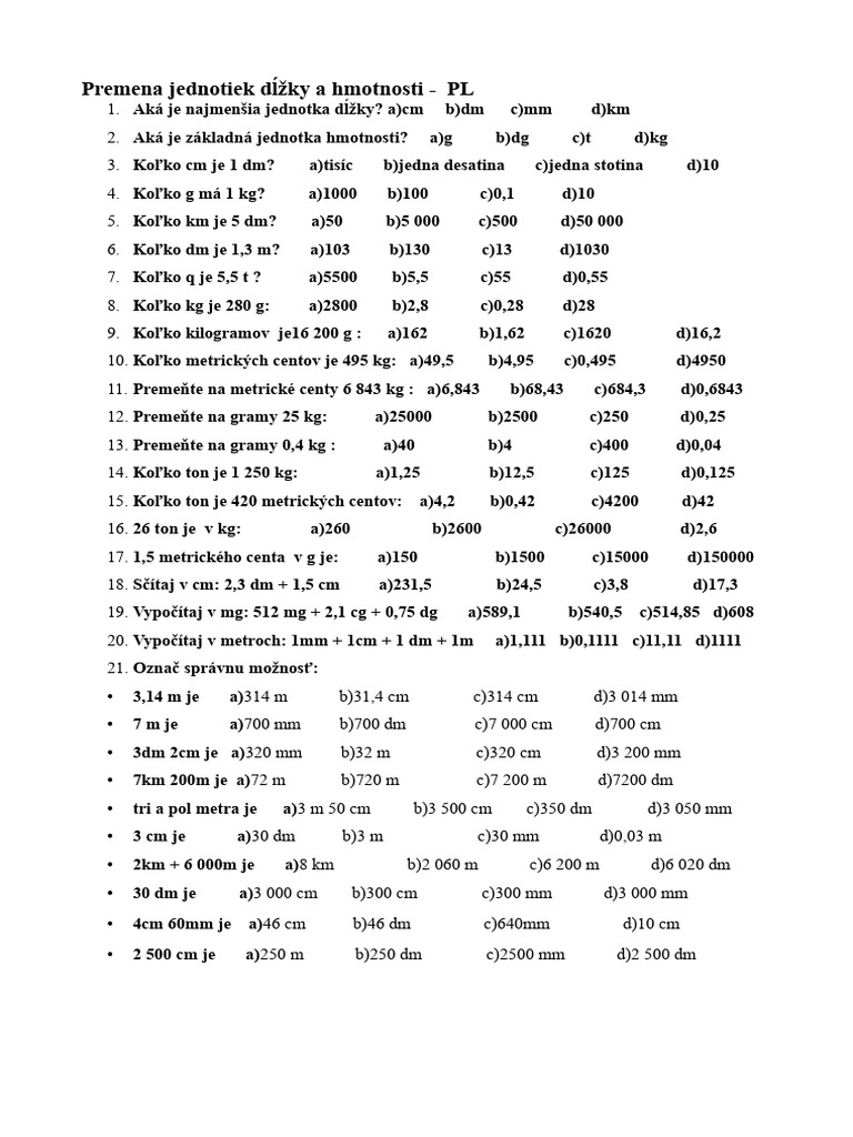 Jednotky Dlzky A Hmotnosti - PL | PDF
